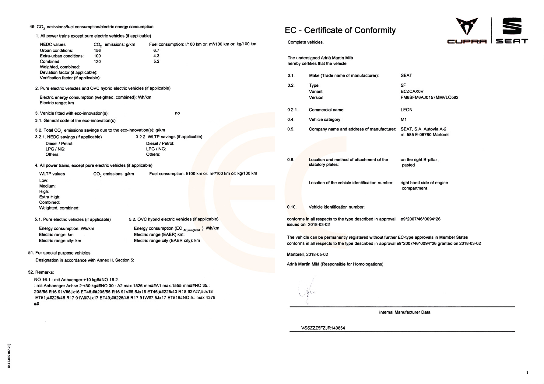 Certificat de conformité (COC) Seat